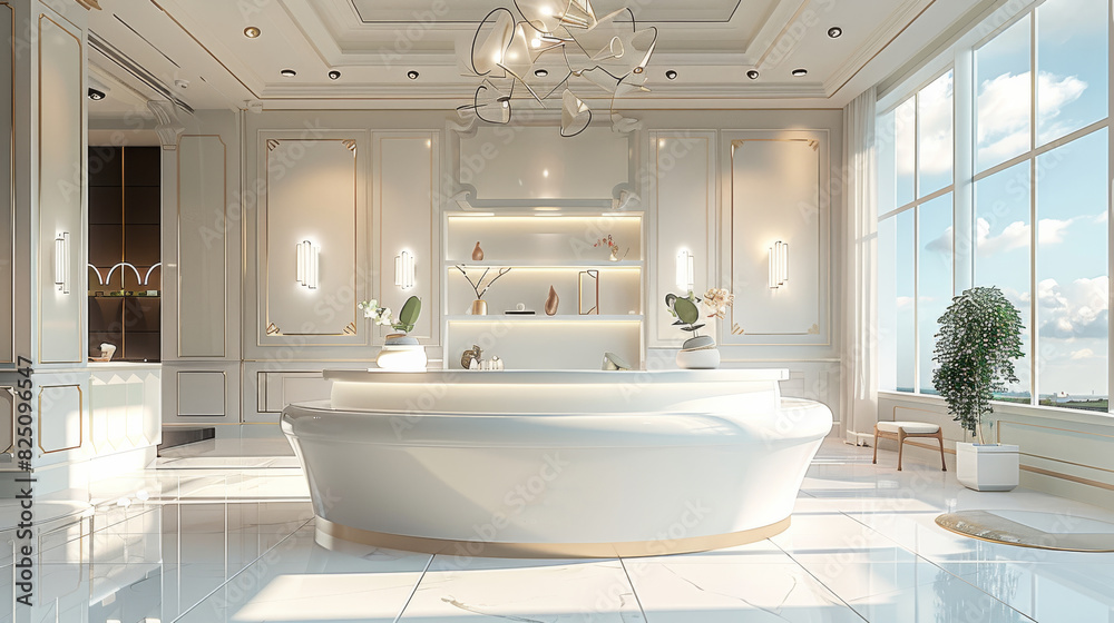 Indoor counter, mainly white with gold accents, with windows in the ...