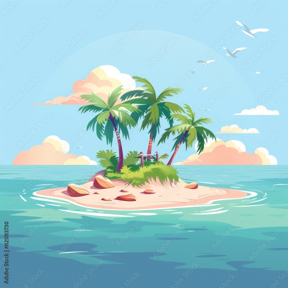 Atoll flat design front view coral island theme water color Vivid Stock ...