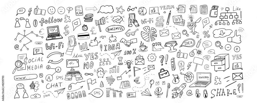 Large set of hand drawn business elements. Office. Doodle style. Hand ...