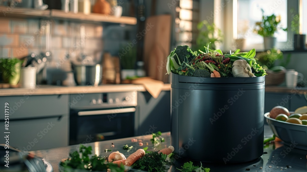 Trash bin for composting with leftover from kitchen. copy space ...