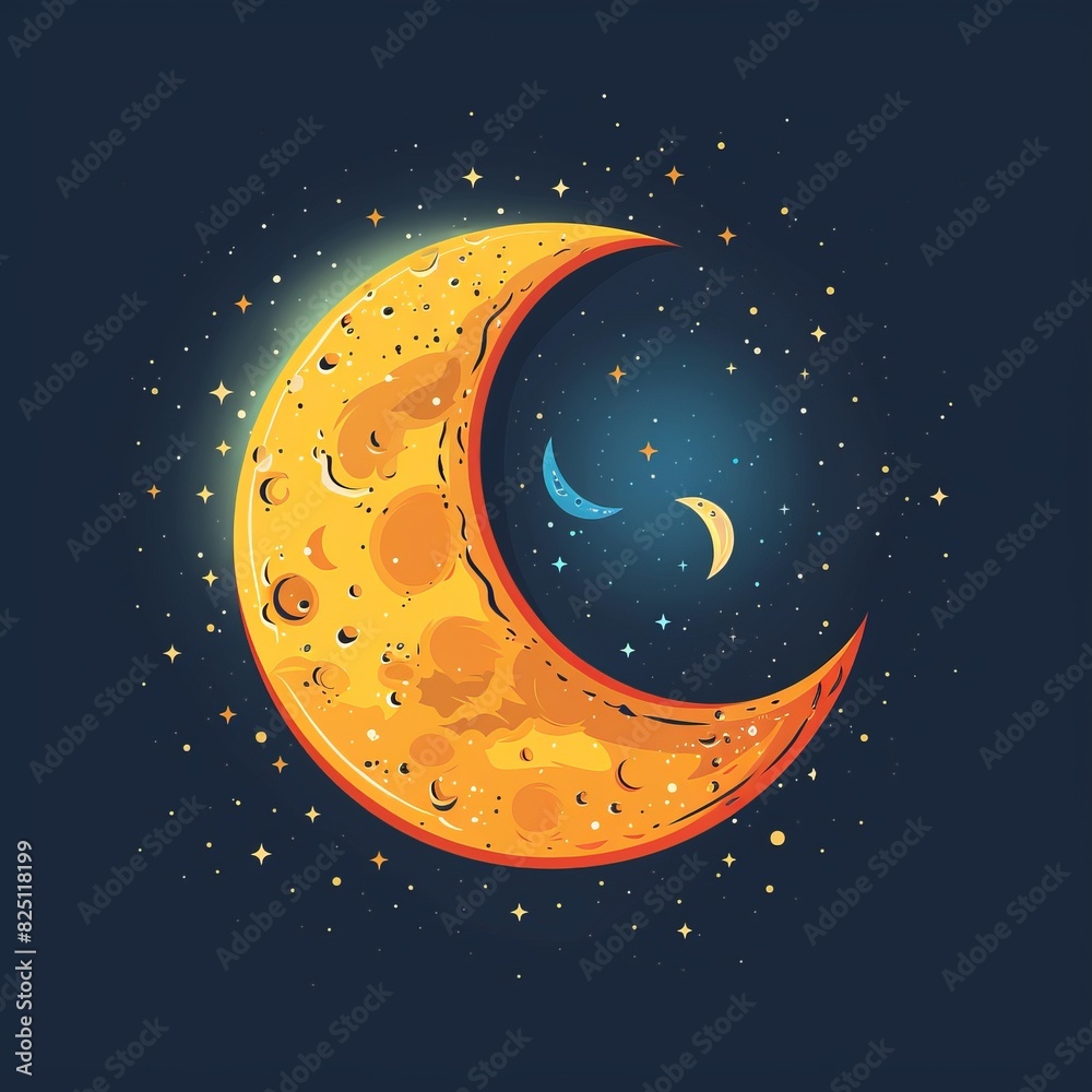 Moon flat design side view night sky viewing theme cartoon drawing ...