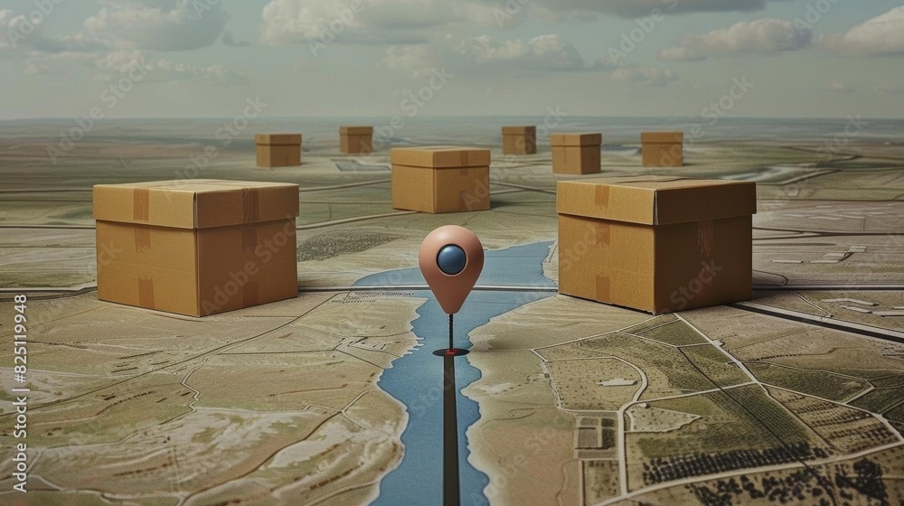 Modern 3D artwork depicting a navigation pin and a clearly marked GPS ...