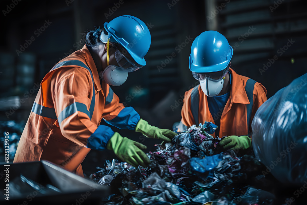 Recycle worker in gloves, sorting one time used plastic bottles and tin ...
