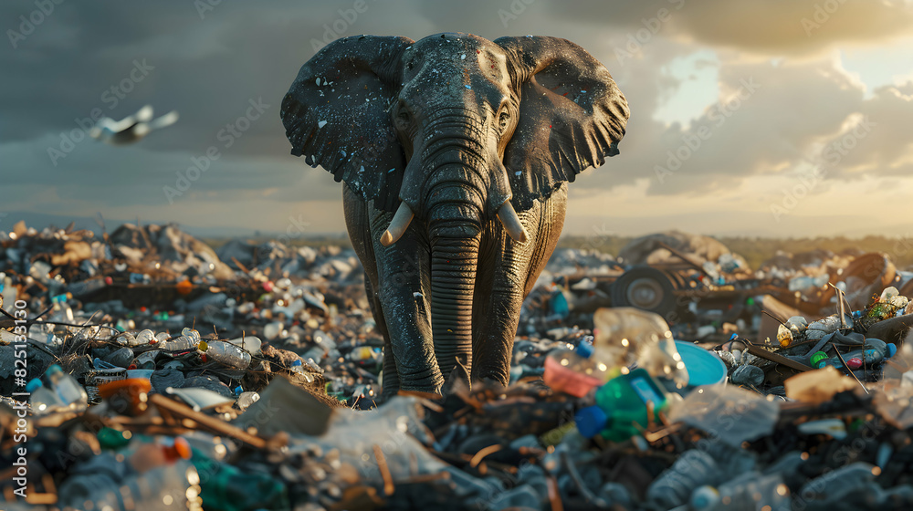 High Resolution Image of Elephant Amid Plastic Waste Symbolizing Impact ...