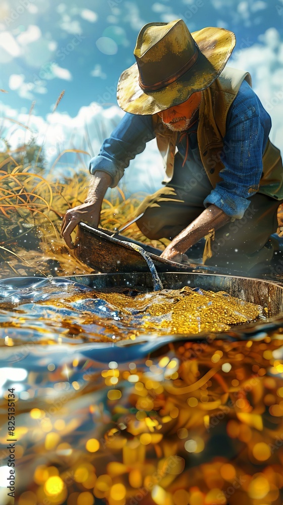 3 Illustration of a gold panning scene with bright and vivid colors ...