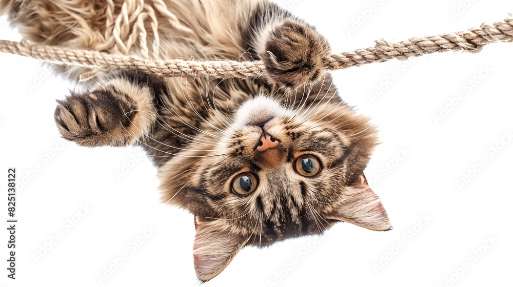 A mischievous tabby cat with a mischievous grin, tangled upside down in ...