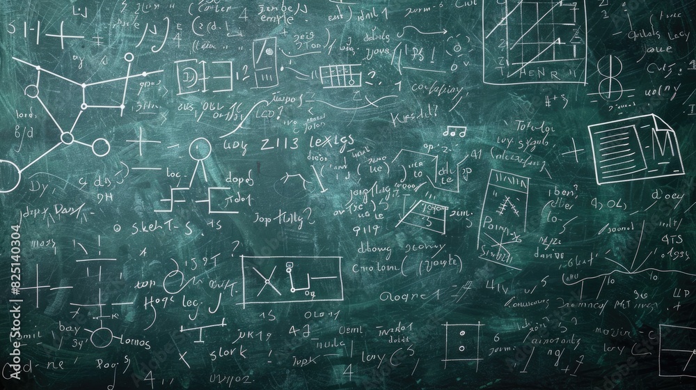 Un fondo de pizarra lleno de ecuaciones y fórmulas complejas en tinta ...
