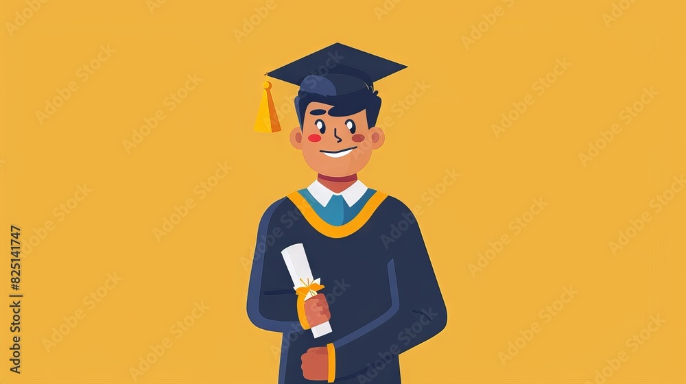 A student character in a cap and gown, holding a diploma with a proud ...