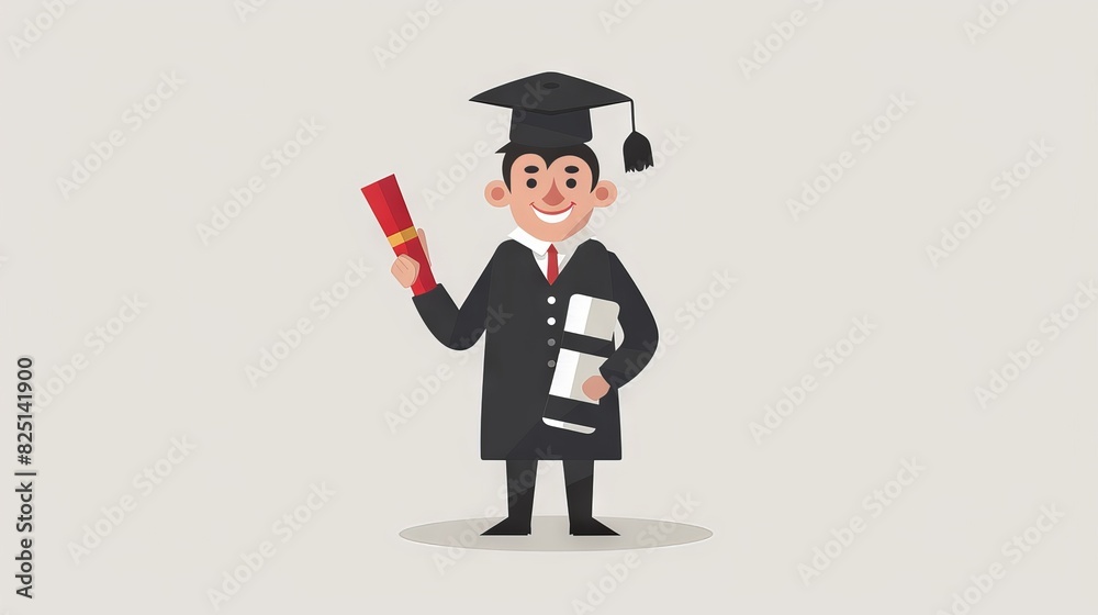 A graduate character holding a diploma and smiling, illustrated in a 2D ...