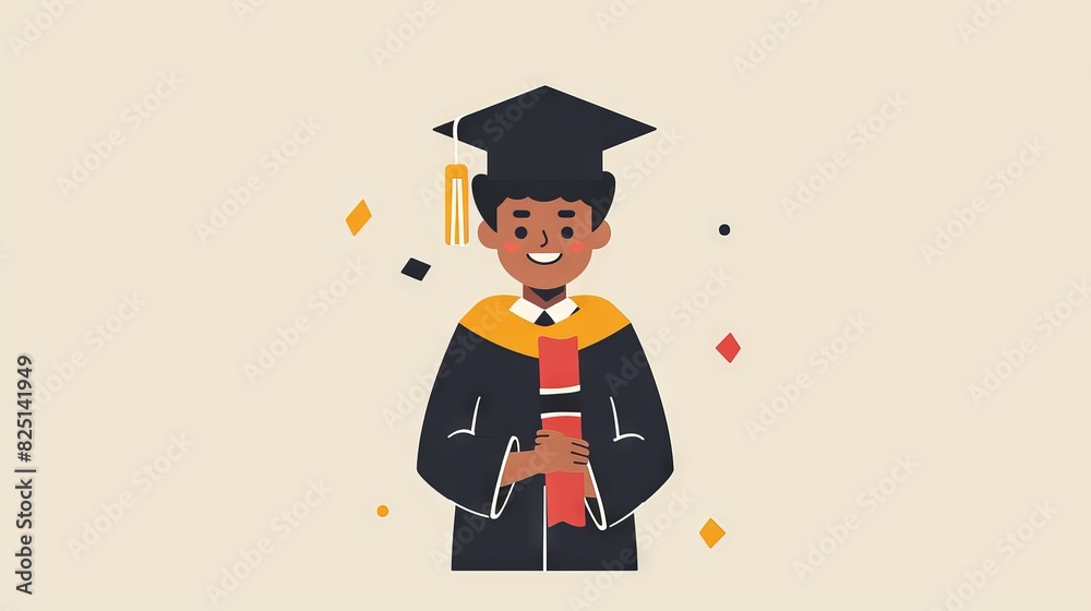 A graduate character holding a diploma and smiling, illustrated in a 2D ...