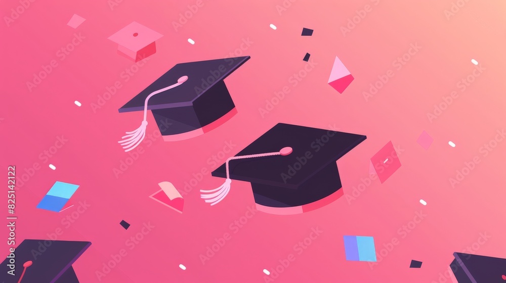 A 2D flat style illustration of a graduation cap toss, capturing the ...