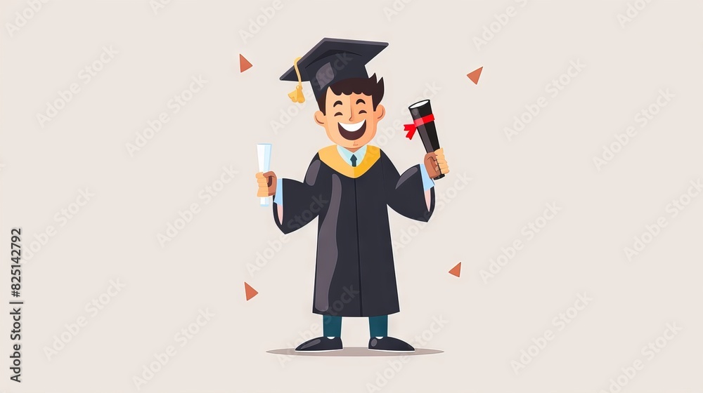 A happy graduate character in a 2D flat style illustration, holding a ...