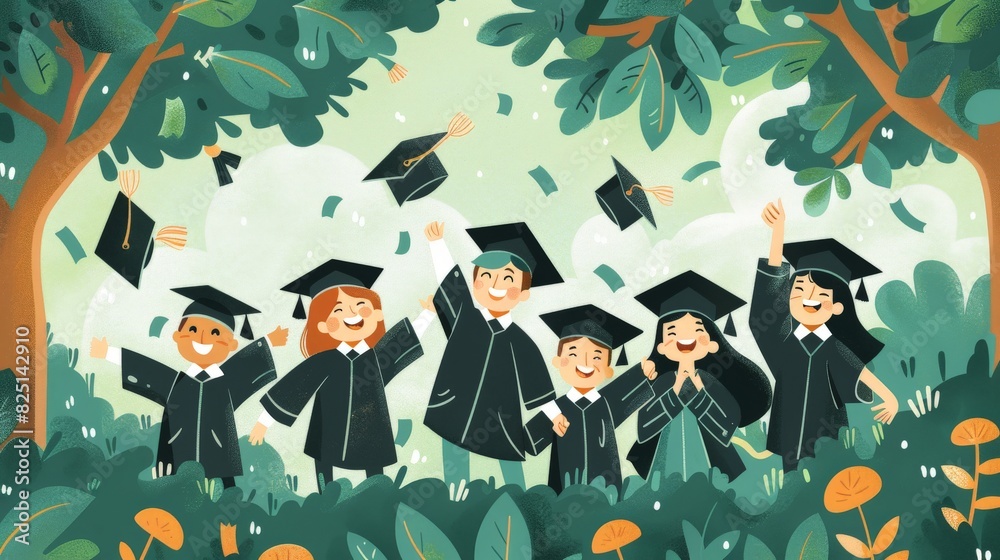 An illustration of a graduation ceremony with characters in caps and ...