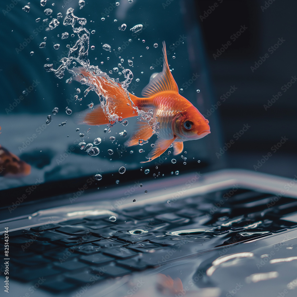 Goldfish jumping out of the water. Goldfish jumping out of the laptop ...