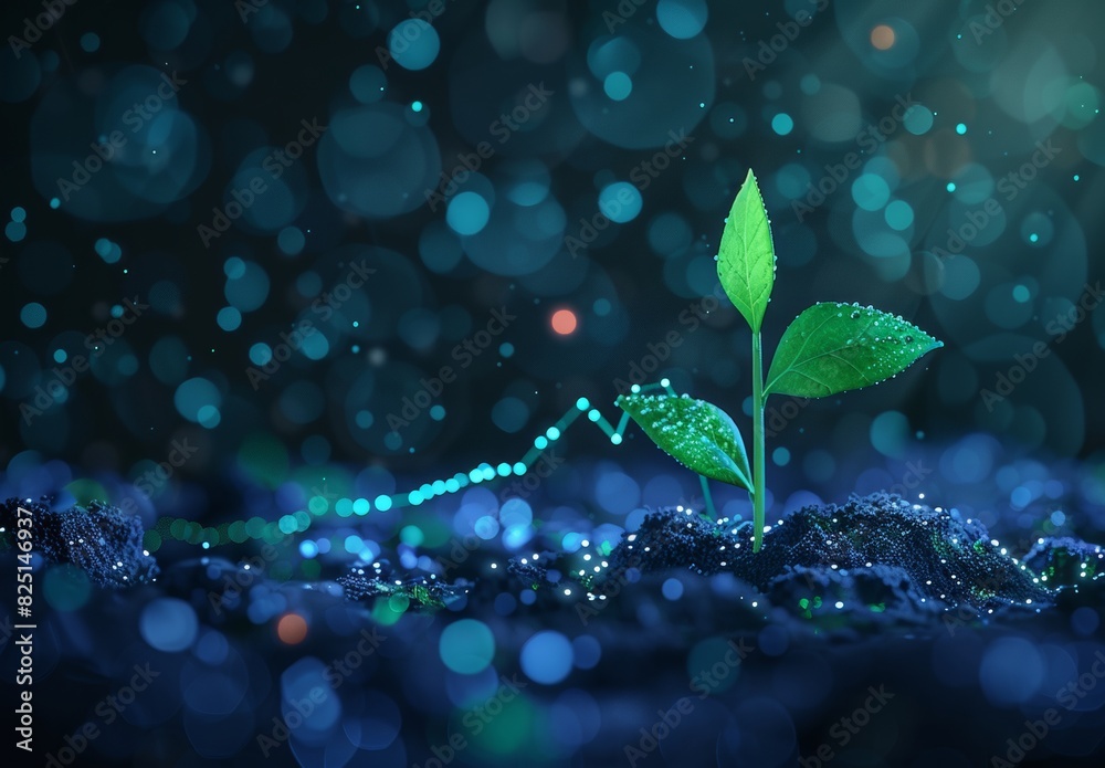 Render a 3D digital illustration of a sprout with a growth graph and up ...