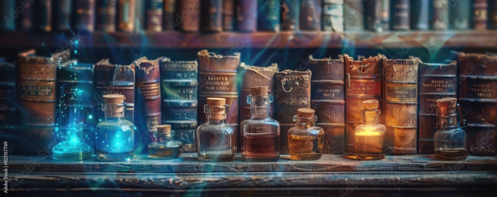 Potion bottles hidden among aged leather books in a dark library ...