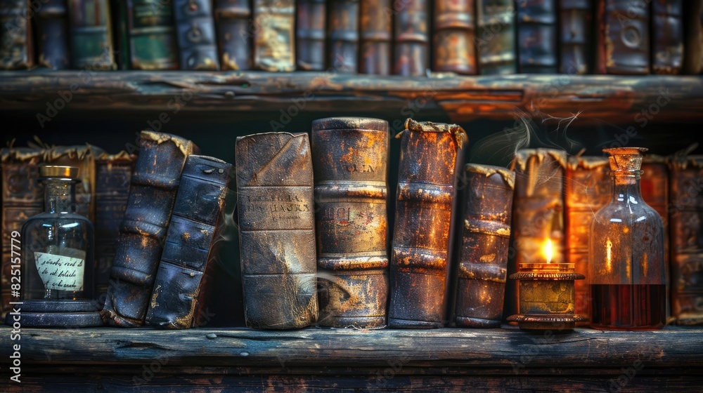 Potion bottles hidden among aged leather books in a dark library ...