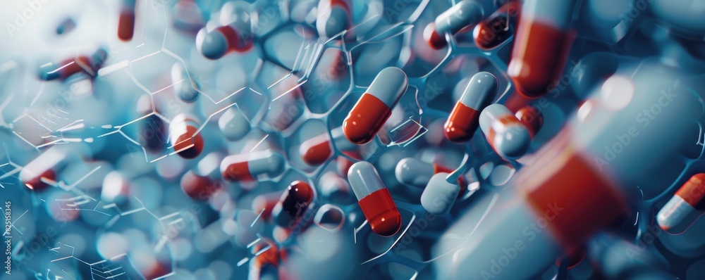 Close-up view of drug development process detailed molecular models ...