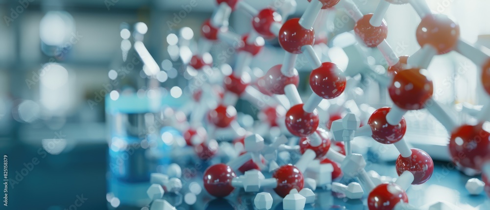 Close-up view of drug development process detailed molecular models ...