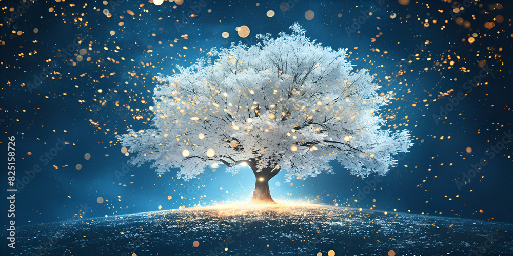 Wallpaper with a beautiful scene of a white tree with lights falling on ...