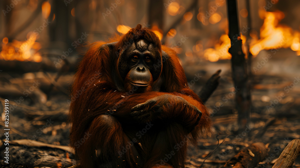 Photo realistic image of an orangutan in a burnt forest illustrating ...