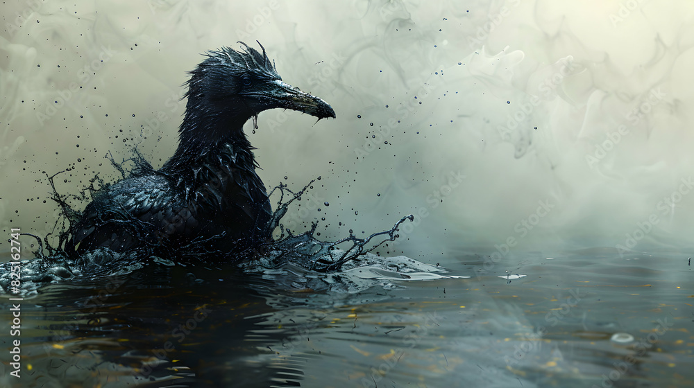 Environmental Crisis: Seabird Covered in Oil Spill Illustrating ...
