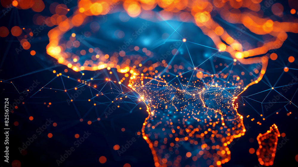 A map of Africa illuminated by bright light, with points of vaccination ...