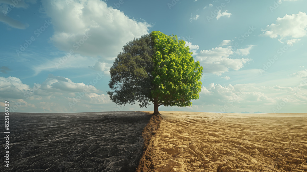 Vibrant tree divided between lush green leaves and barren branches ...