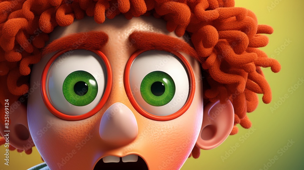 Extreme close-up of surprised cartoon character with wide eyes and open ...
