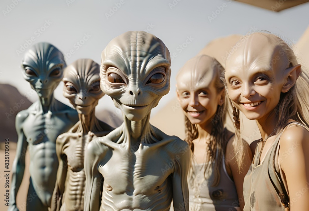 Desain taThe group of aliens stares at the camera with a smile ...