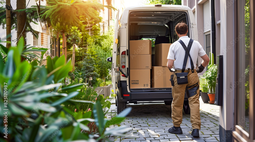 Delivery personnel wearing uniforms stacking sustainable package boxes ...