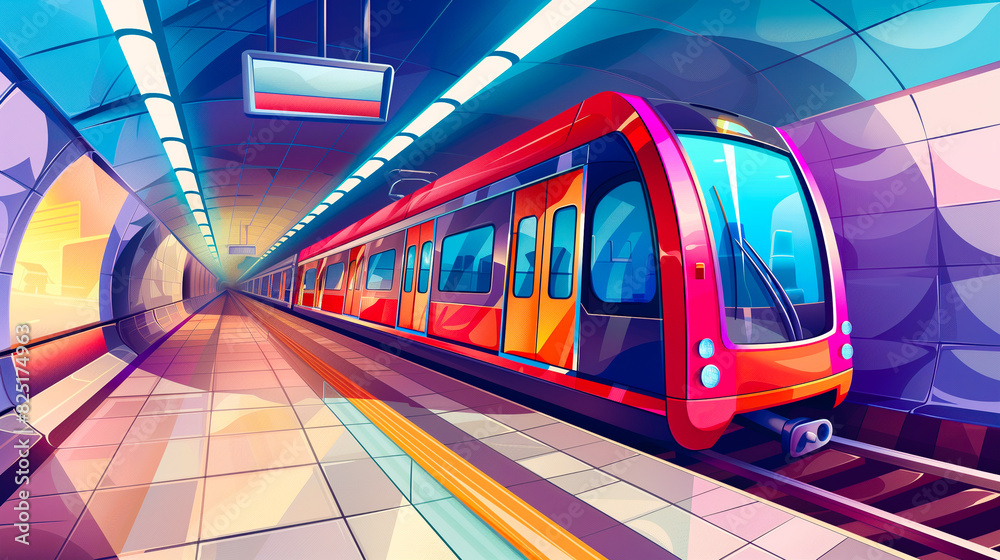 Train on subway station. Underground city metro railway illustration ...