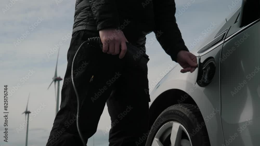 Male hands disconnect power connector from EV car, wind charging ...