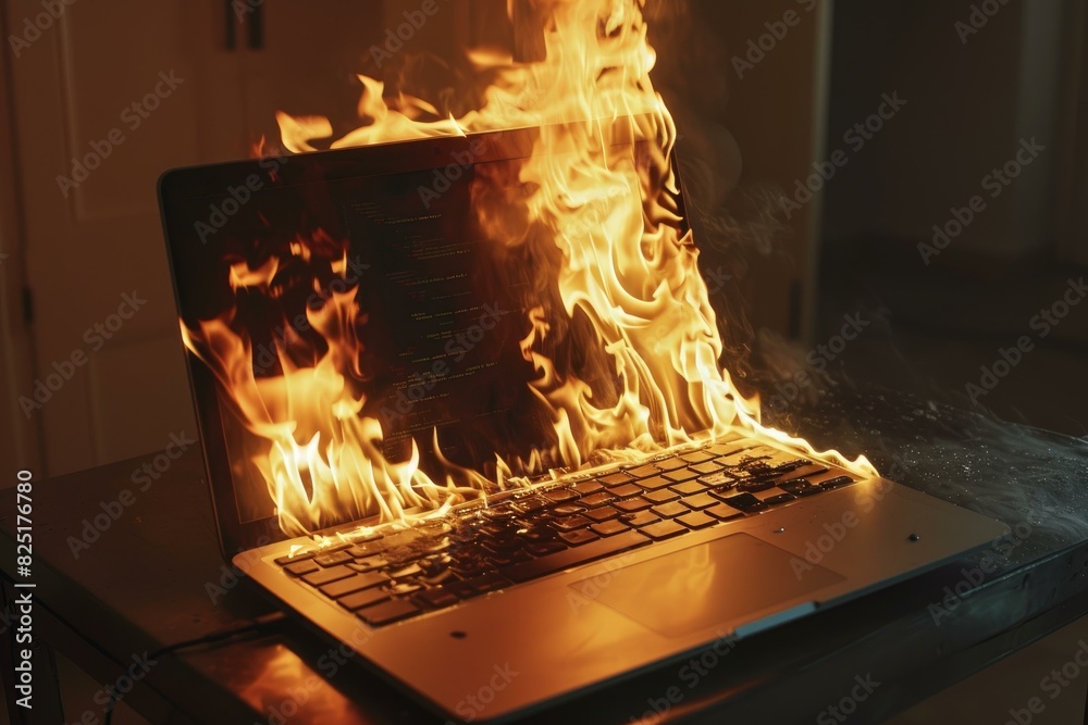 Image depicts a catastrophic laptop failure with the device on fire ...