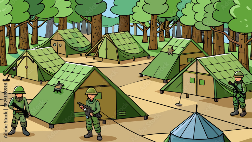 A group of military tents set up in a remote forest surrounded by ...