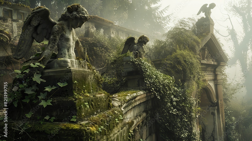 Centuries-old family crypt shrouded in mist, with moss-covered ...