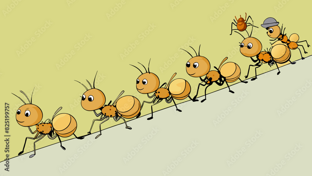 A line of ants marching in a straight path carrying small bits of food ...