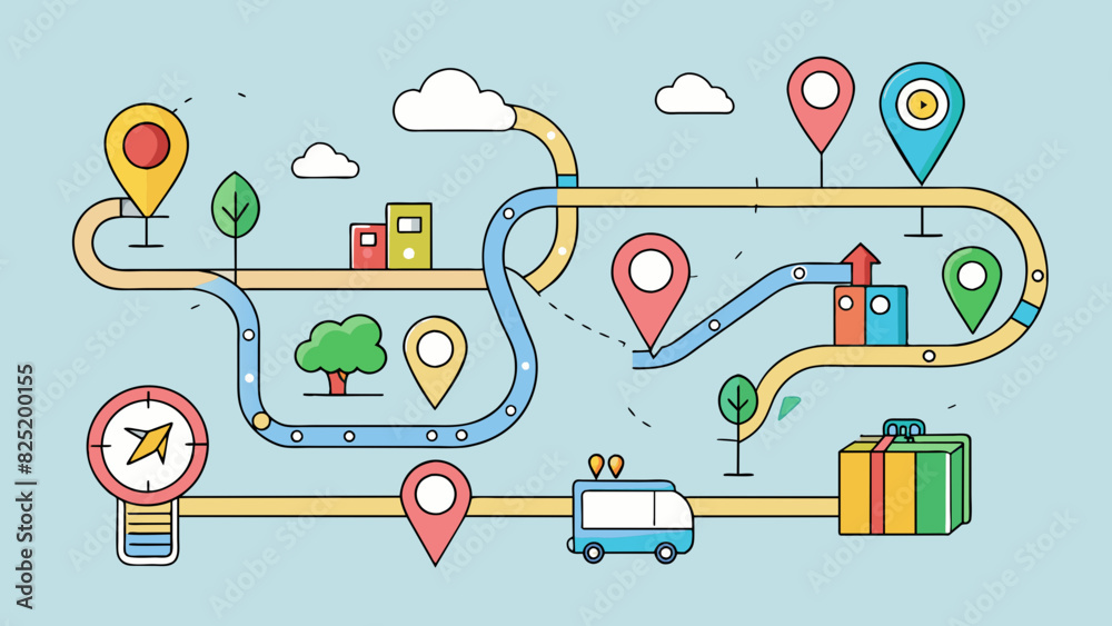 A map with different colored lines leading to a final destination ...