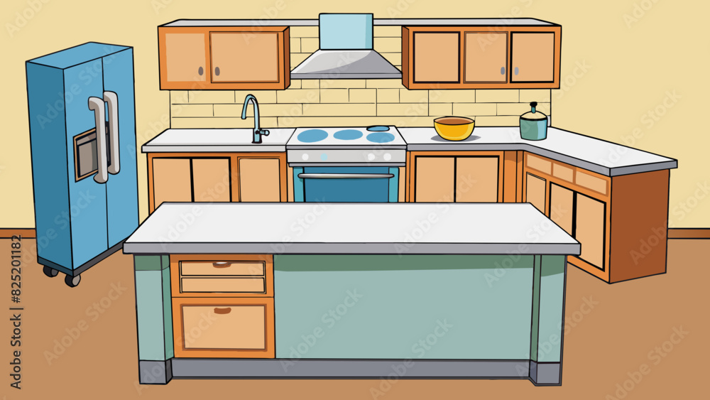 An openconcept kitchen with a large island in the center. The island ...