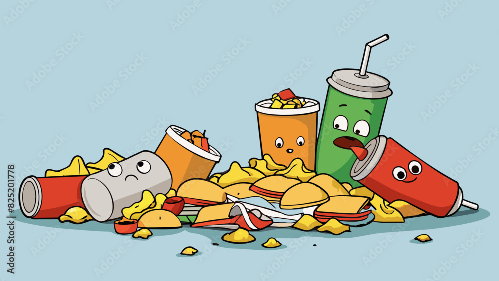 A pile of greasy fast food wrappers and empty soda cans tossed ...