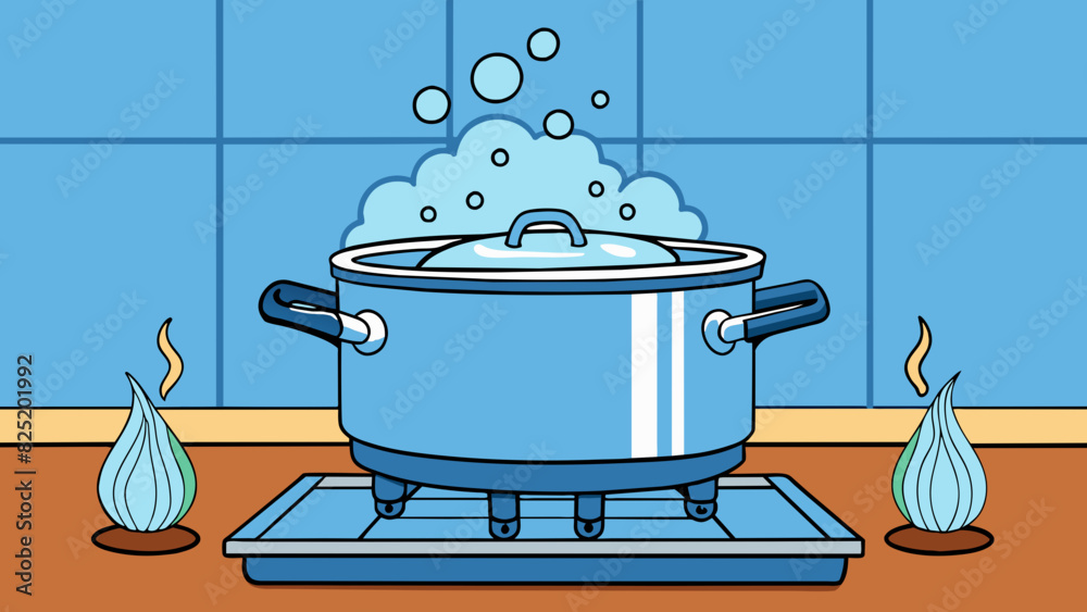 A pot of boiling water on a stove with bubbles rising and steam ...