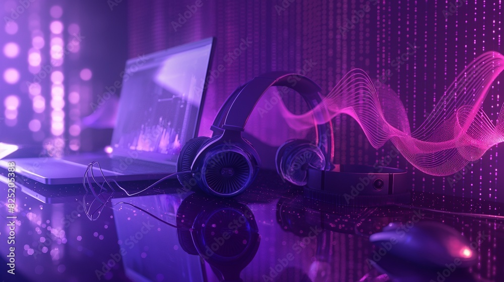 headphone with new technology and wavered technology backgorund with ...