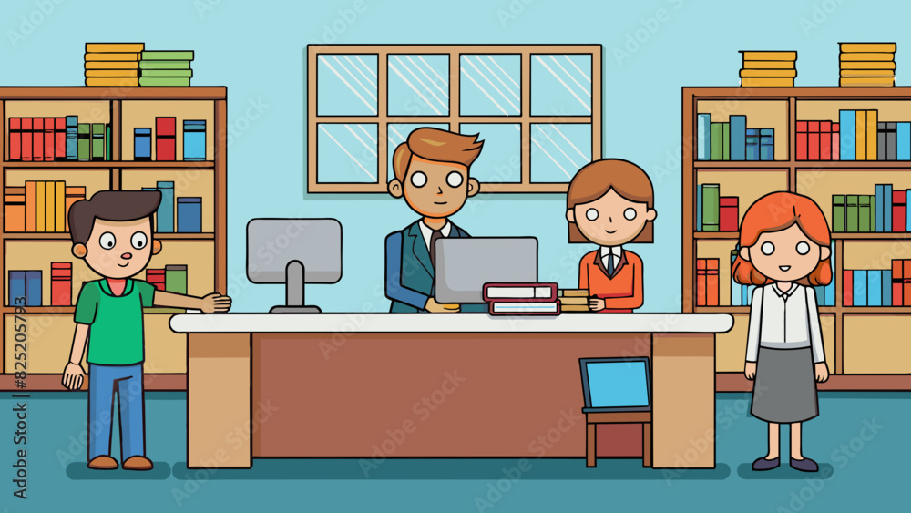 At the front of the library there is a grand desk where librarians ...