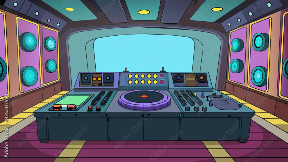 Inside the club there is a long sleek DJ booth with flashing LED lights ...