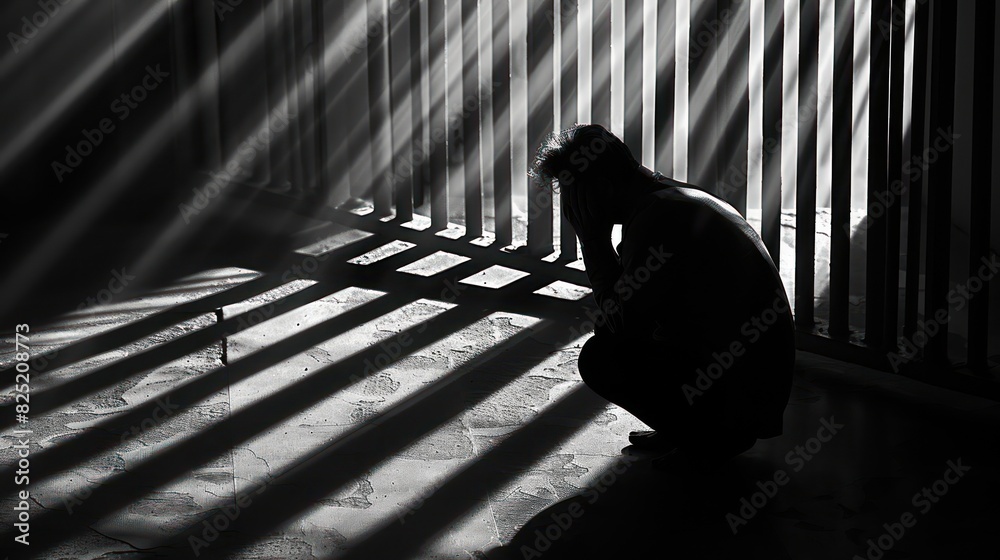 Silhouette of a man bowing his head in regret in a dark prison ...