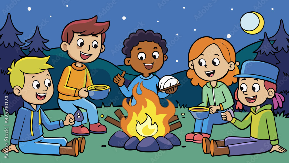The group of friends sat around the campfire roasting marshmallows and ...