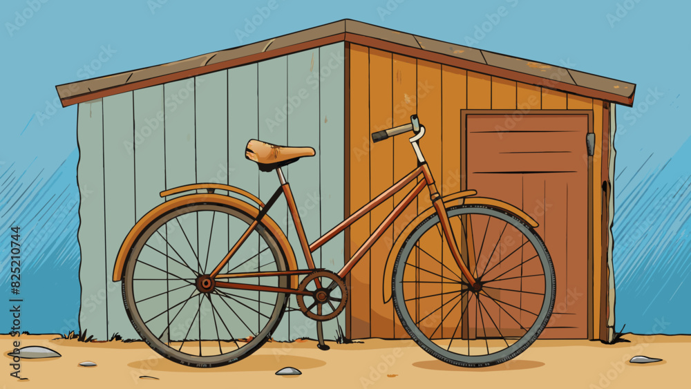The old rusty bicycle leans against the shed its worn tires and chipped ...