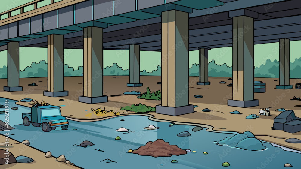 Under the bridge A dark and damp area with concrete pillars supporting ...