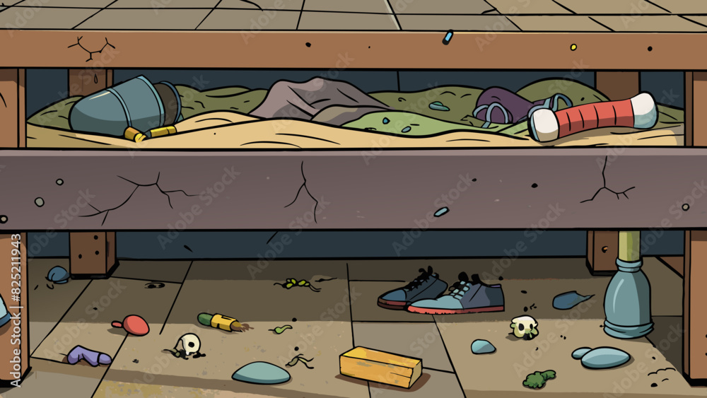 Under the bed A dark and dusty space filled with miscellaneous items ...