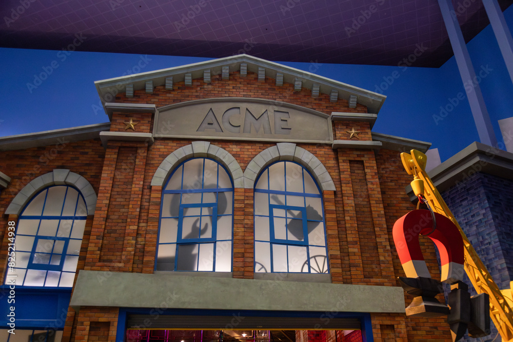 Abu Dhabi, UAE - April 24, 2024: ACME building facade at Warner Bros ...